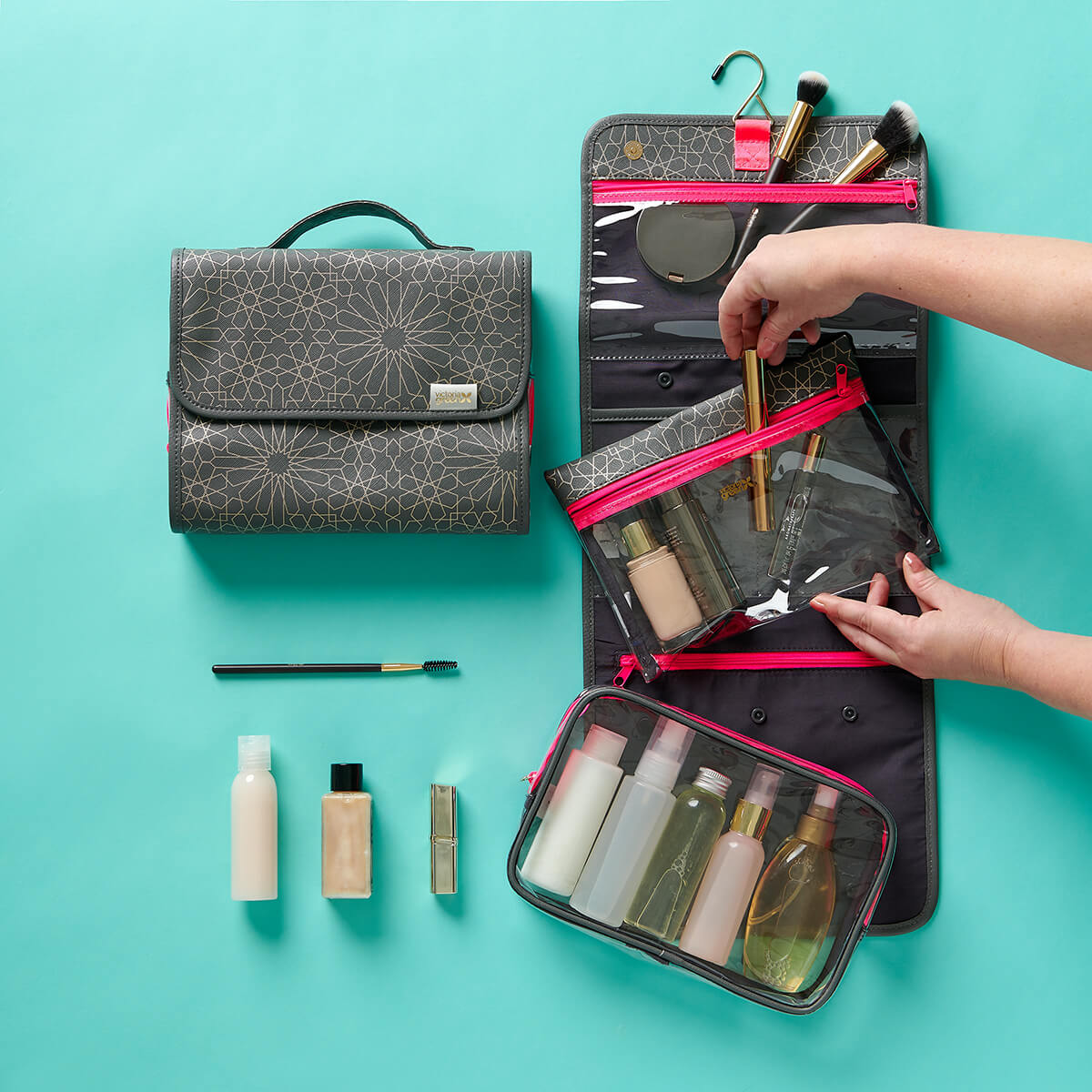 'Emma' Hanging Wash Bag in Mandala Charcoal | Victoria Green